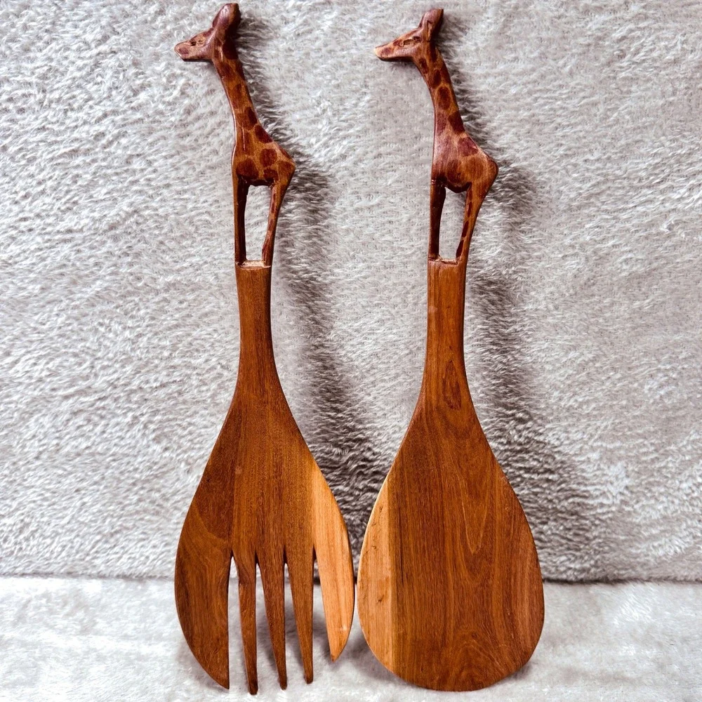 Dining | Vintage Wooden Salad Servers Giraffe Safari Handle Carved Wood ...